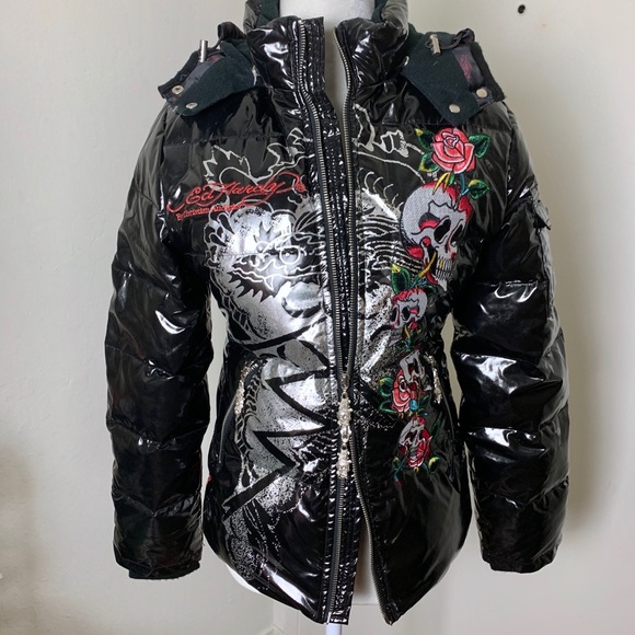 Ed Hardy | Jackets & Coats | Rare Ed Hardy Skulls And Roses Puffer ...